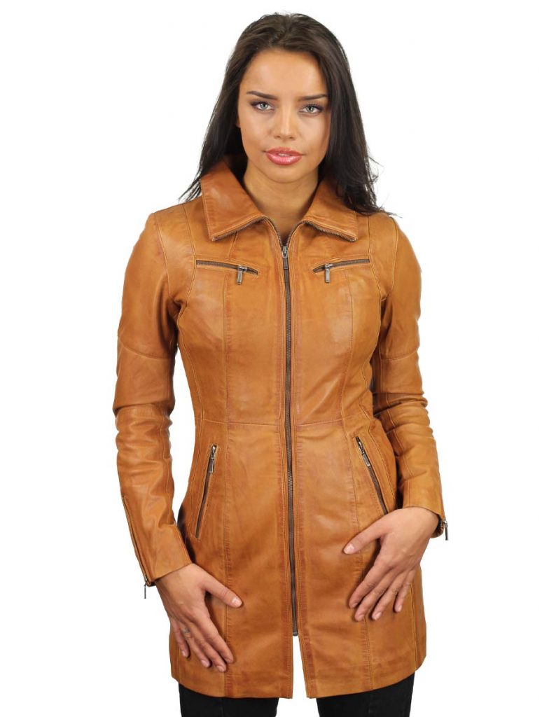 halflange leren jas dames cognac 312 Versano, lange leren dames jas