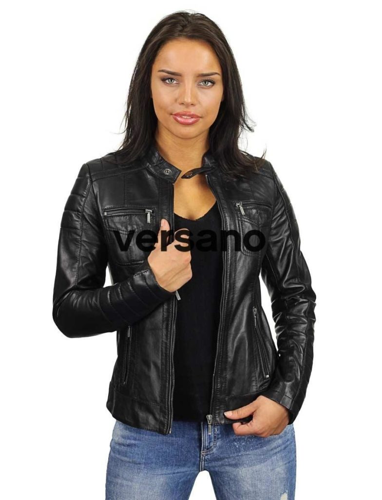 Leren dames jas in biker model zwart 318, zwarte leren jas dames