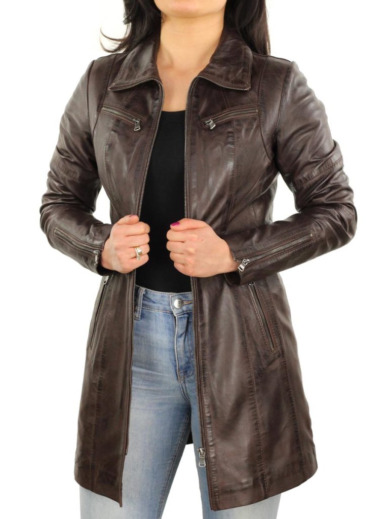 halflange leren dames jas 312 bruin Versano, lange leren dames jas