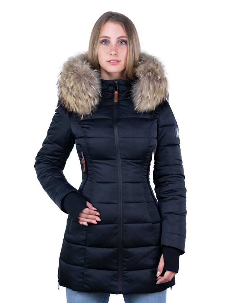 Dames winterjas halflang met bontkraag Sky Versano zwart